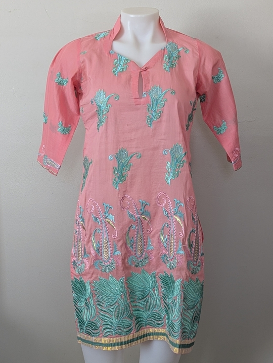 Kurtas | Womens Pink Teal Embroidered Kurta Top Indian South Asian ...